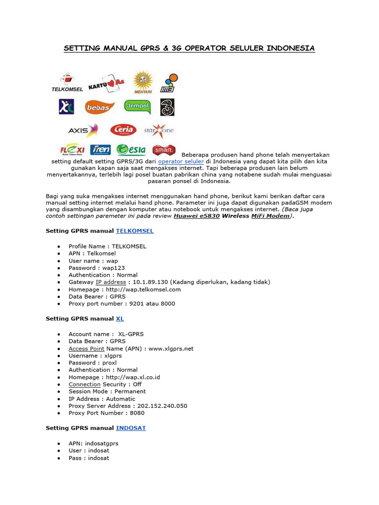 Setting Manual GPRS & 3G Operator Seluler Indonesia | PDF | Bisnis | Komputer