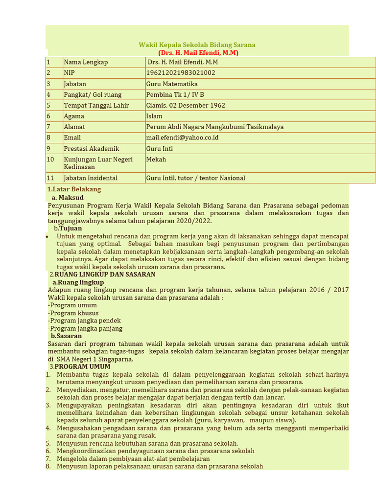 Program Kerja Wakasek Sarana 2020/2022 | PDF