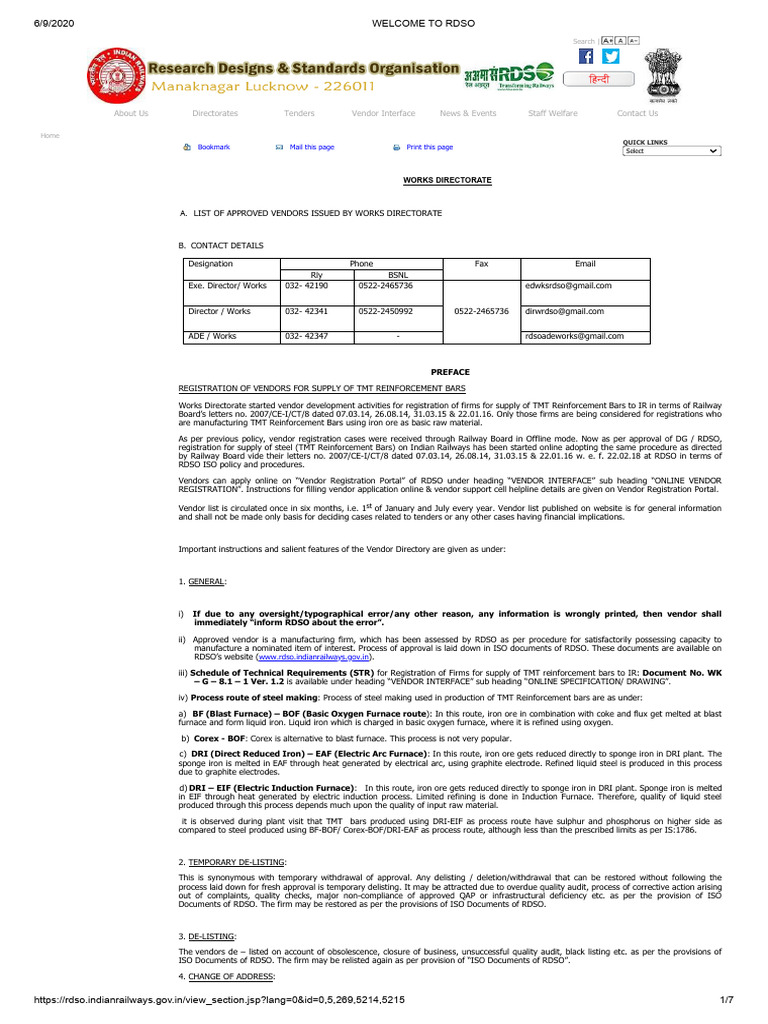 RDSO TMT Vendor Approved List | Download Free PDF | Steelmaking | Mining