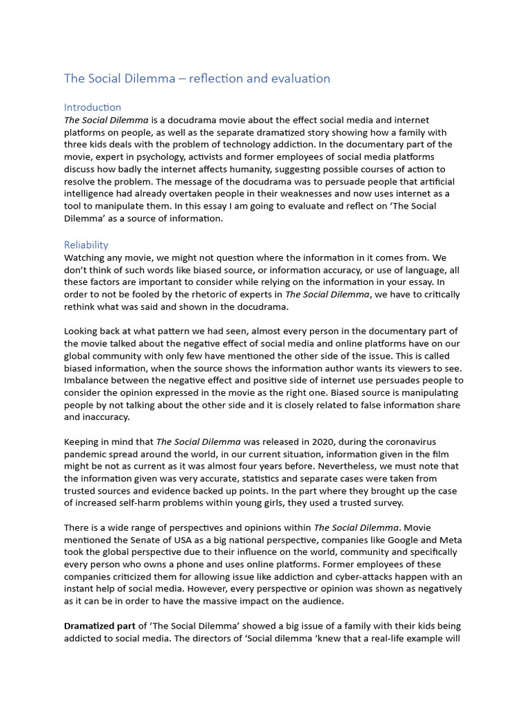 The Social Dilemma-evaluation and reflection | PDF | Social Media ...