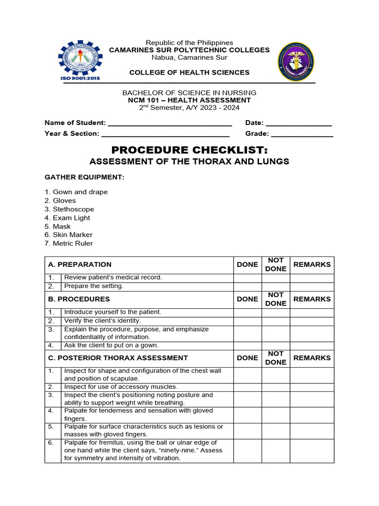 Thorax and Lungs Assessment Checklist | PDF | Thorax