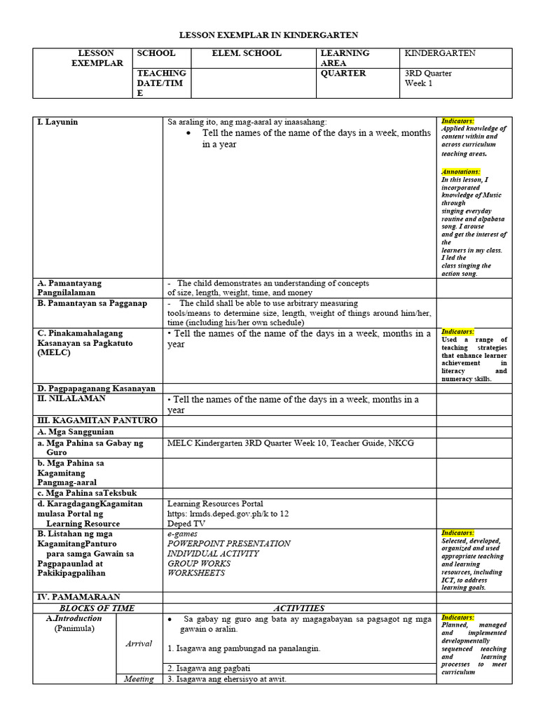 Kindergarten Lesson Plan: Days & Months | PDF | Learning | Literacy
