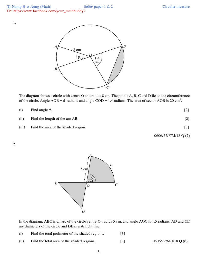 Circular Measure Practice Questions | PDF | Circle | Angle