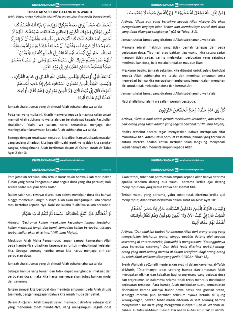 Khutbah Jumat Bahasa Indonesia - Tobatlah Sebelum Datang Dua Waktu | PDF