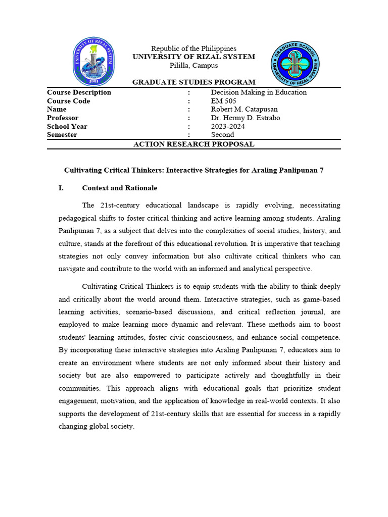 EM505 Action Research Proposal | PDF | Critical Thinking | Learning