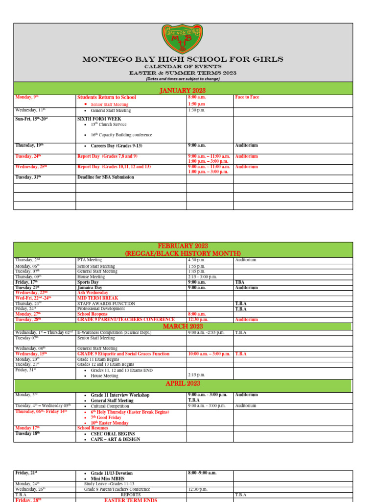 Montego Bay High School For Girls - Calender Easter and Summer Term ...