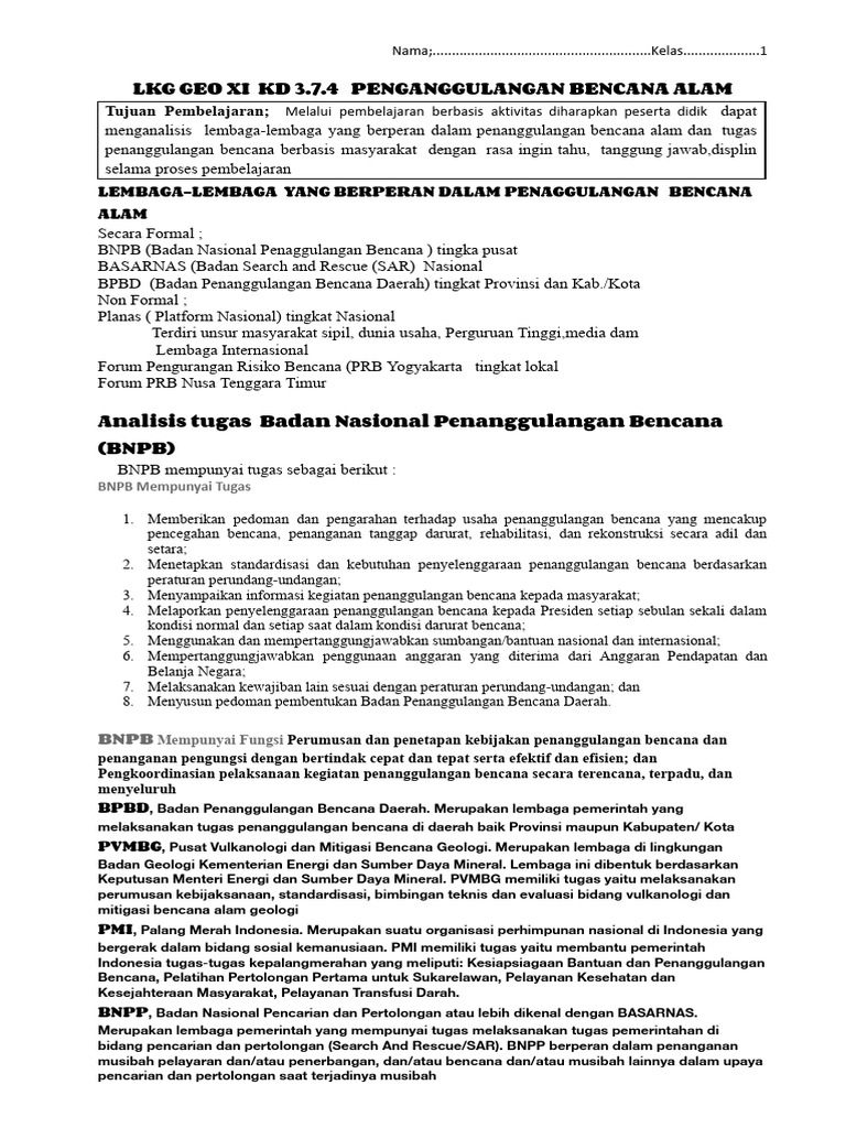 Geo Xi KD 3.7.4 Lembaga Yang Berperan Dalam Penanggulangan Bencana | PDF | Ilmu Sosial