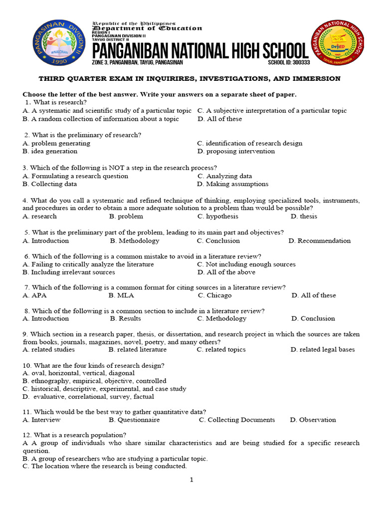 3rd Quarter Exam Inquiries | PDF | Survey Methodology | Methodology