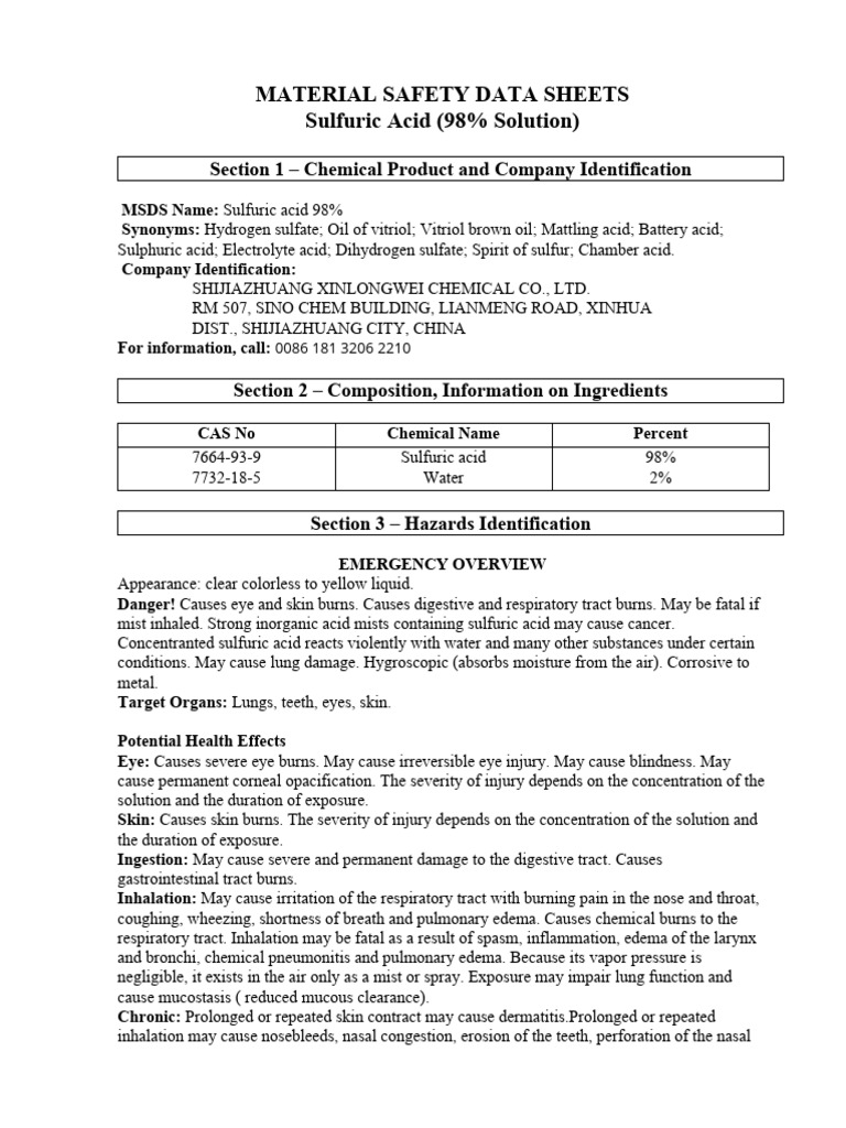 Material Safety Data Sheets | PDF | Sulfuric Acid | Respiratory System