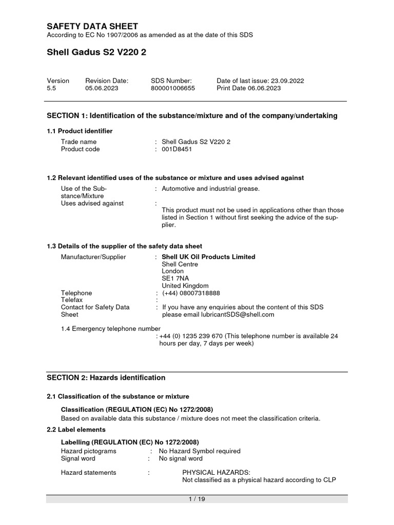 Shell Gadus Grease S2 V220 2 MSDS | PDF | Dangerous Goods ...