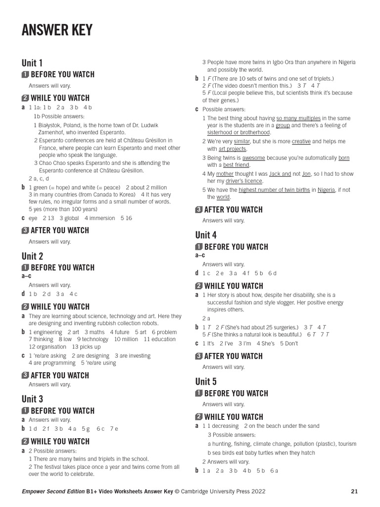 Empower Intermediate Video Activity Sheet Answer Key | PDF