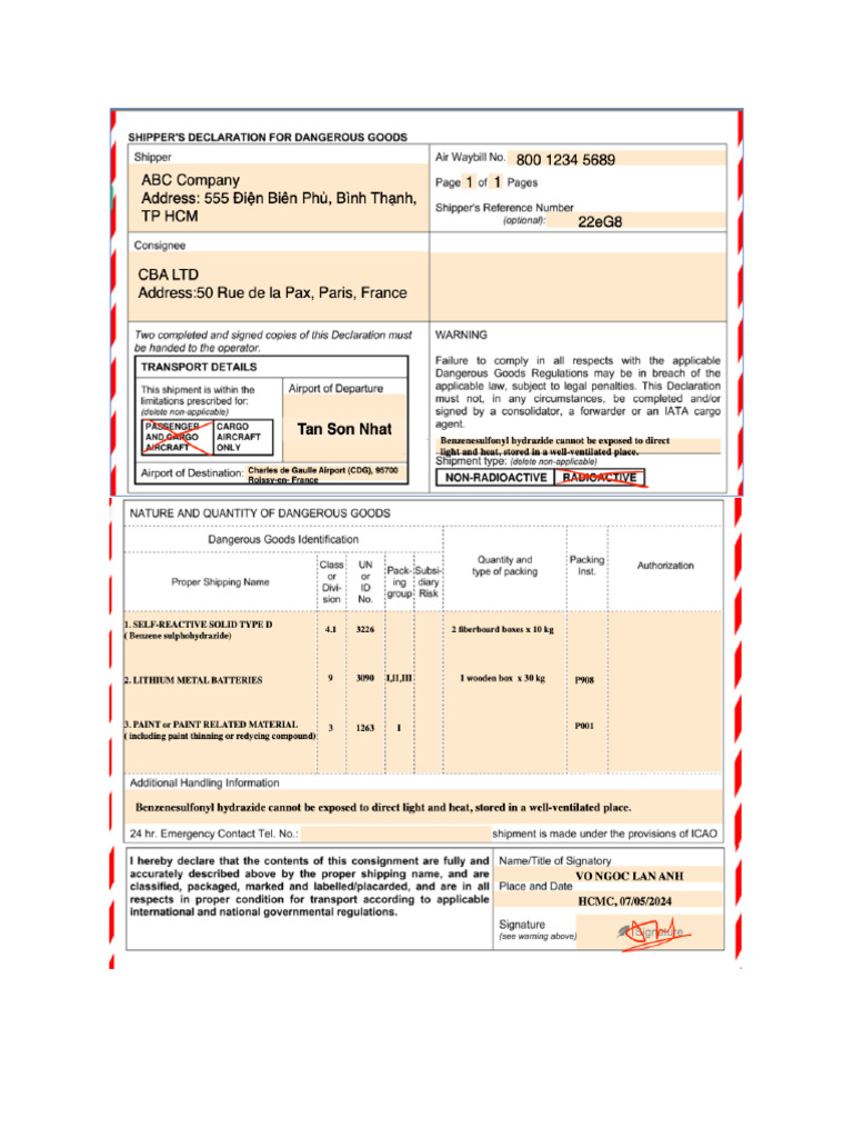 Shipper's Declaration For Dangerous Goods | PDF