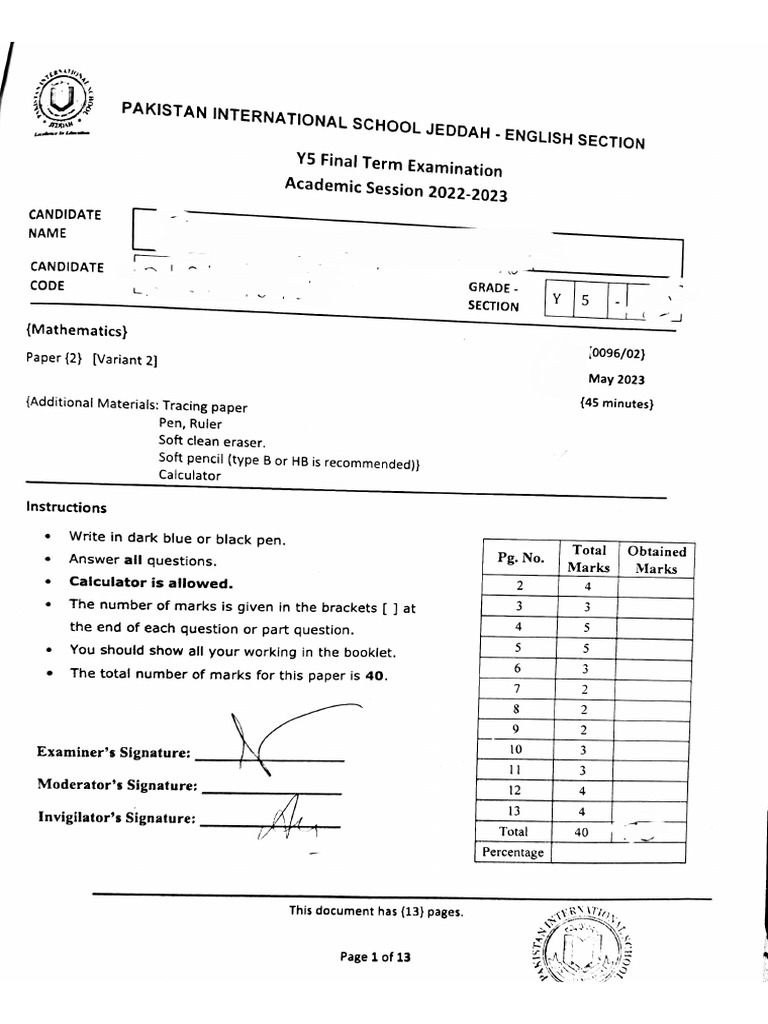 Y5 Final Math p2 2023 Un | PDF