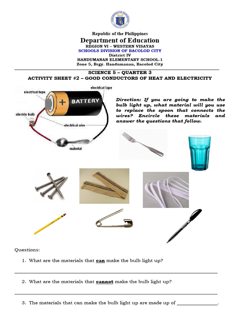 Science 5: Conductors Activity Sheet | PDF