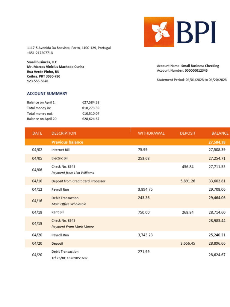 Banco BPI Firm Account Statement Word and PDF Template. | PDF