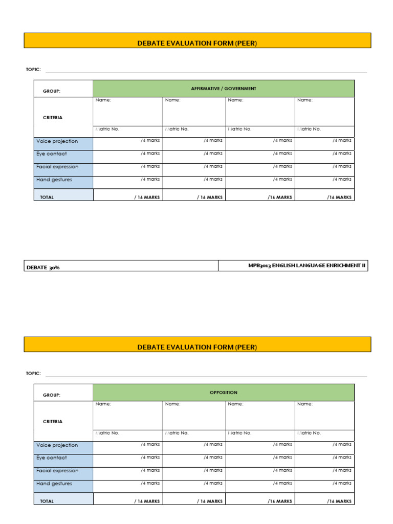 Debate - Peer Evaluation Form | PDF