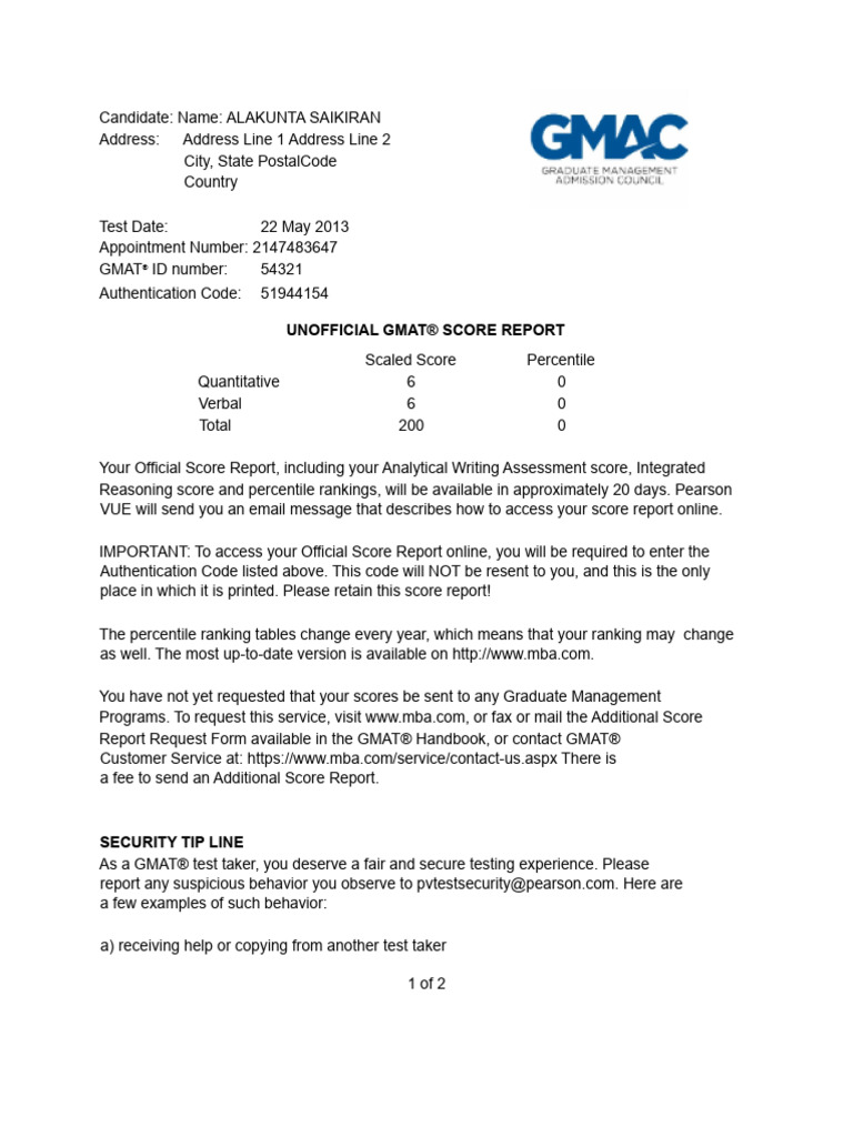 Sample Gmat Unofficial Score Report | PDF | Graduate Management ...
