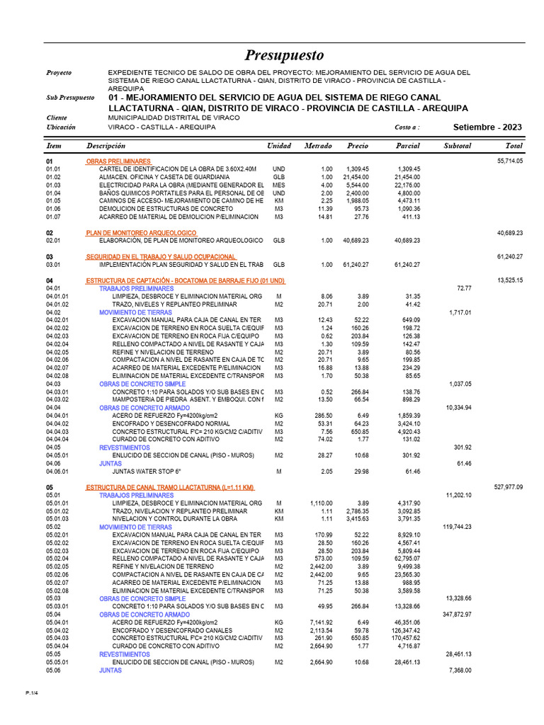 02.01 Presupuesto MEJORAMIENTO DEL SERVICIO DE AGUA DEL SISTEMA D | PDF | Hormigón | Ingeniería ...