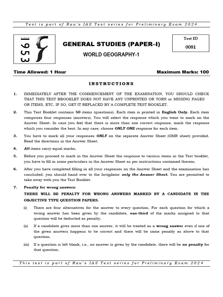 IAS 2024 World Geography Test Paper | PDF | Oceans | Tide