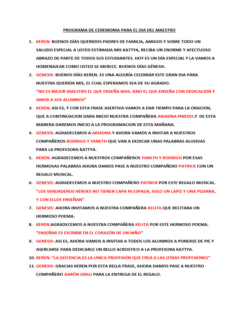 PROGRAMA DE CEREMONIA PARA EL DIA DEL MAESTRO | PDF