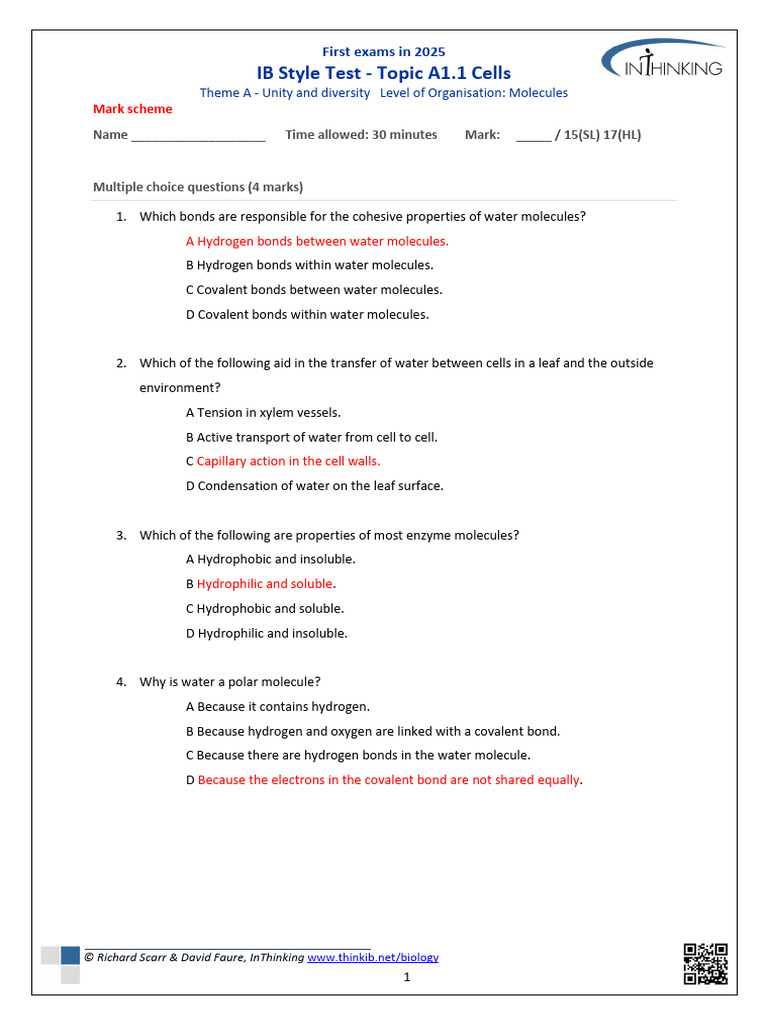 A1.1 Water Topic Test - Model Answers | PDF | Water | Chemical Bond