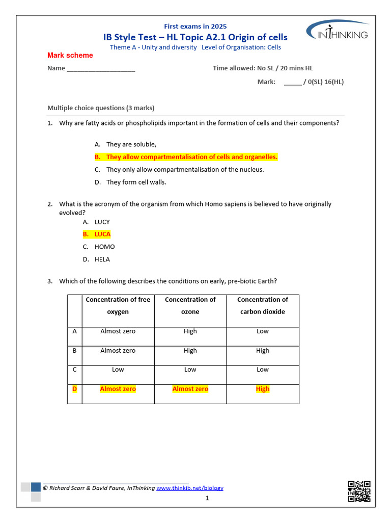 HL Test: Origin of Cells Exam 2025 | PDF | Atmosphere | Abiogenesis