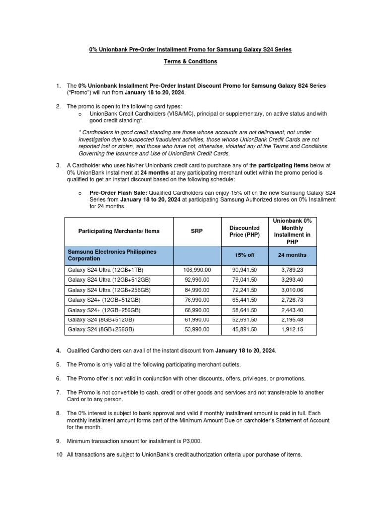 TC - UBP X Samsung S24 Pre-Order Installment Promo | PDF | Credit Card ...