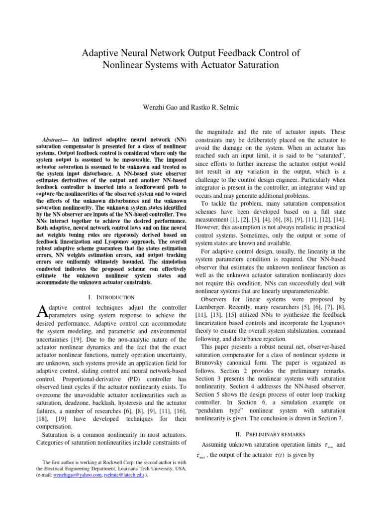 Adaptive NN Output Feedback Control of Nonlinear System With Saturation | PDF | Control Theory ...