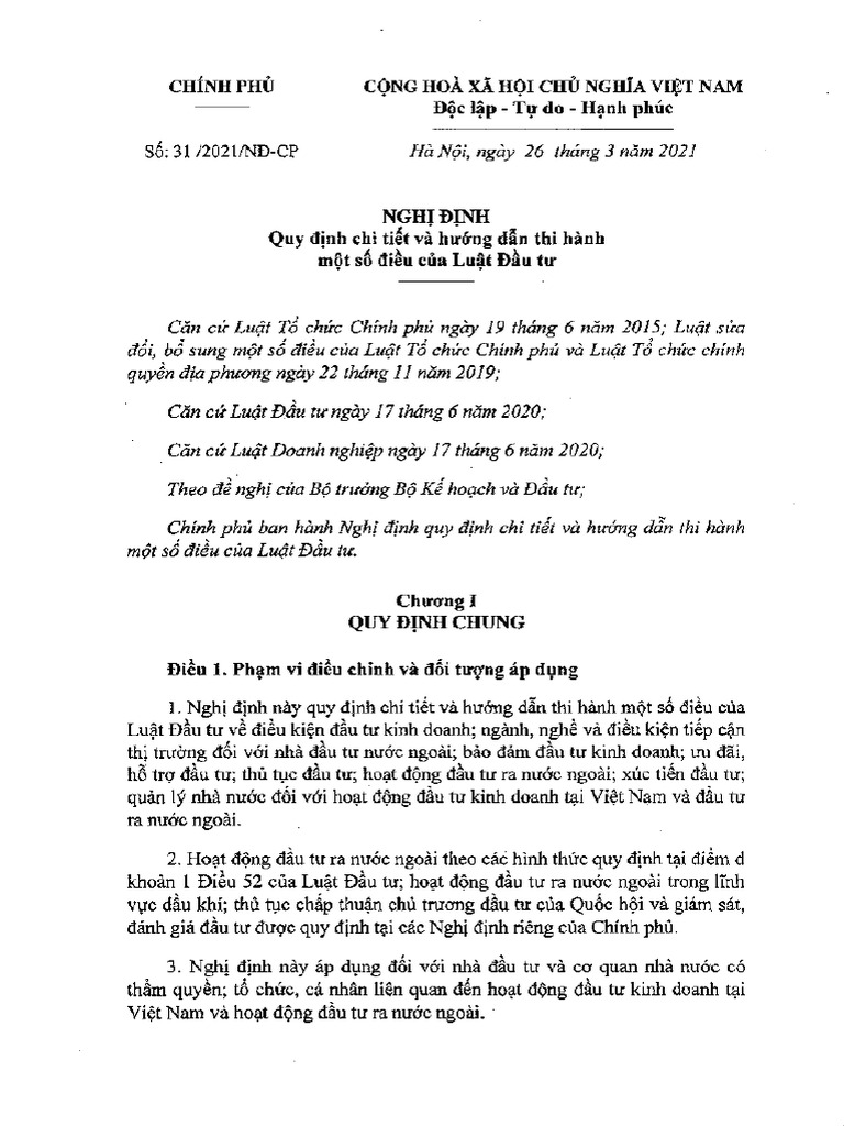 Nghi Dinh 31 2021 ND CP Huong Dan Thi Hanh Luat Dau Tu | PDF