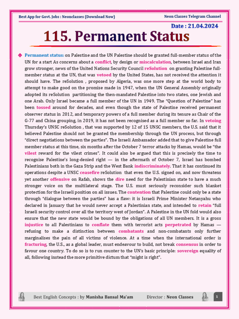 Permanent Status The Hindu Editorial | PDF
