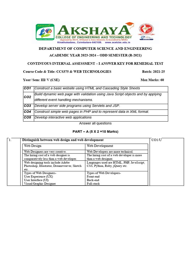 Web Technologies Remedial Test Answer Key | PDF | Java Script | World ...