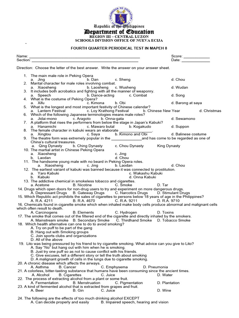 Grade-8-4th-QUARTER-MAPEH-PT- | Download Free PDF | Tobacco Smoking ...