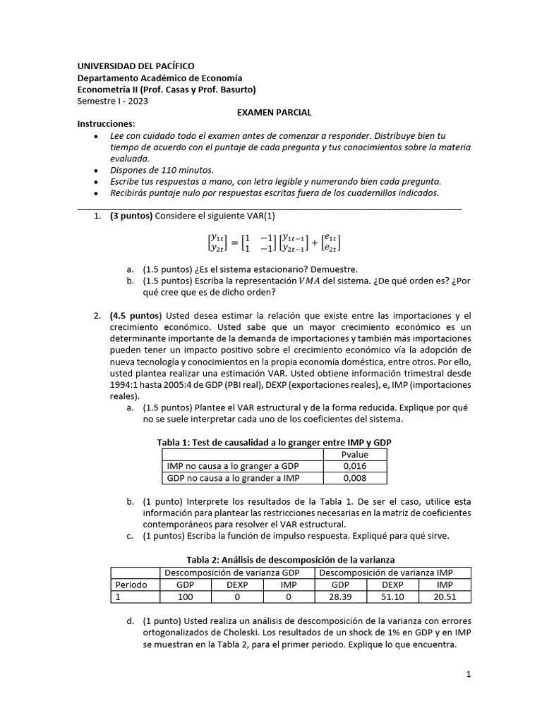 Universidad Del Pacífico Departamento Académico de Economía Econometría II (Prof. Casas y Prof ...
