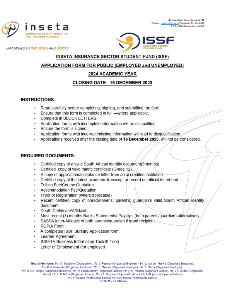 INSETA Bursary Application 2024 | PDF
