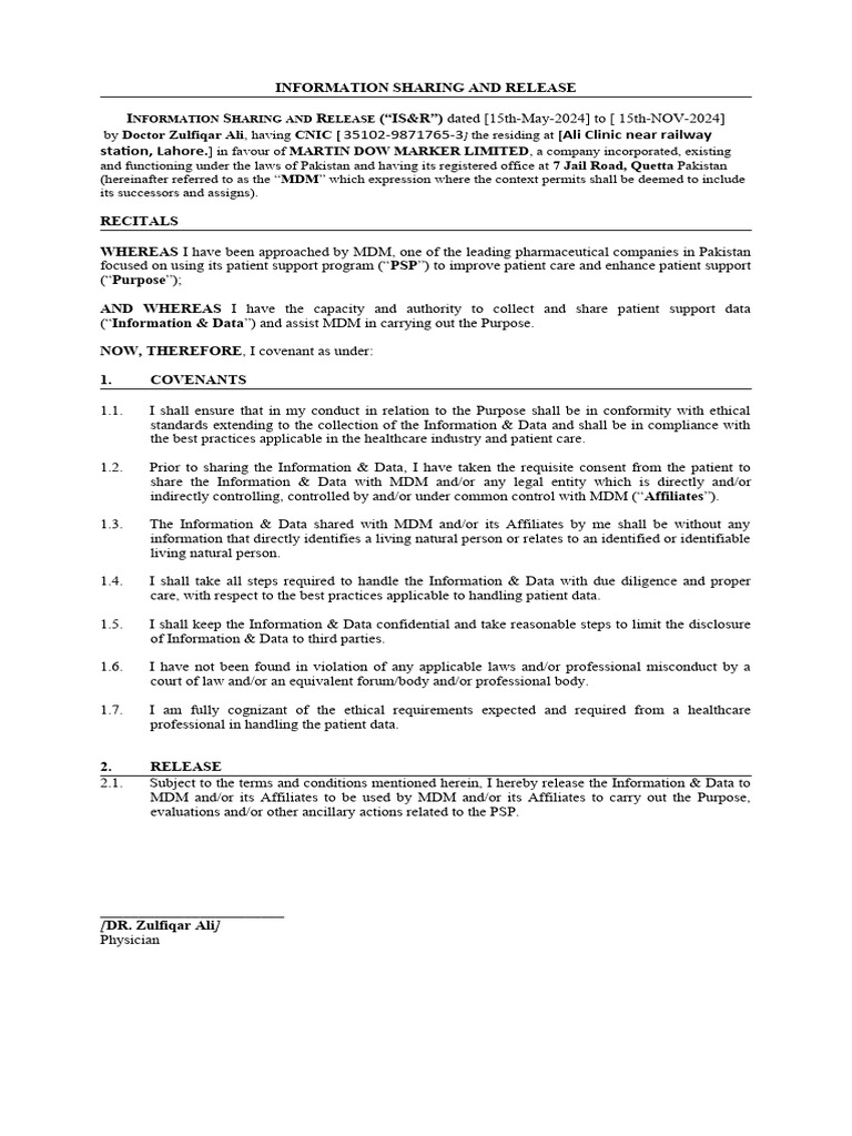 Covenants Information (DR - Zulfiqar Ali) | PDF | Informed Consent ...