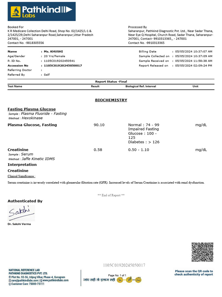 Fasting Plasma Glucose & Creatinine Report | PDF | Creatinine ...