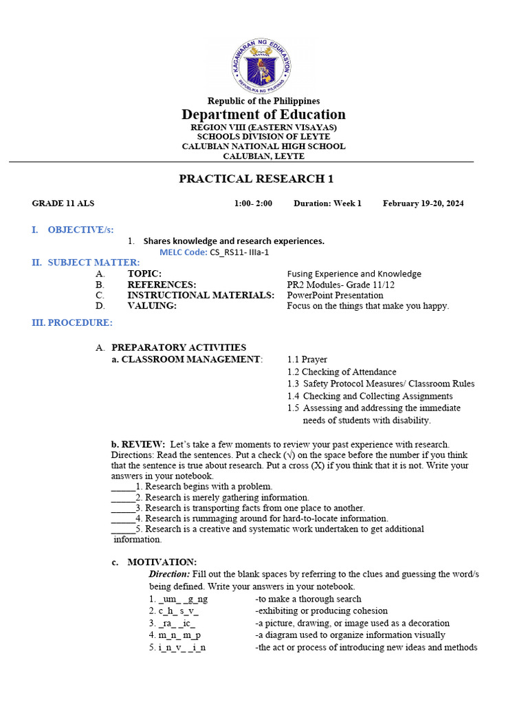 Department of Education: Practical Research 1 | PDF | Knowledge | Cognition