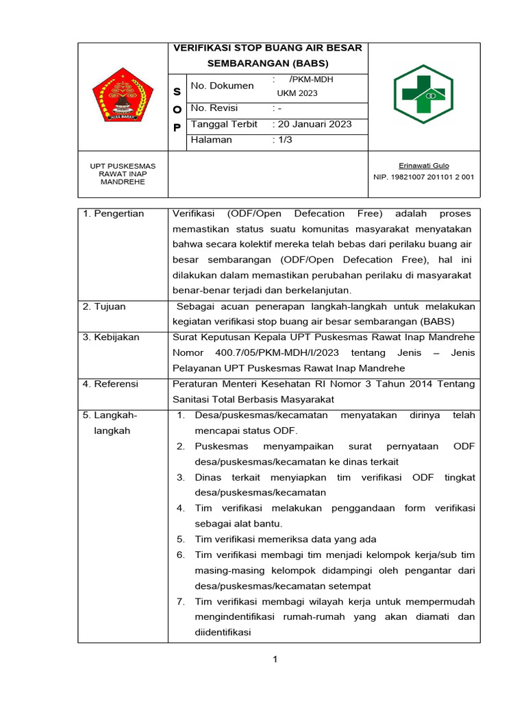 Sop Verifikasi Stop Babs | PDF | Griya & Taman | Kesehatan Holistik