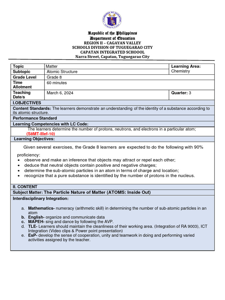 Grade 8 Chemistry: Atomic Structure Lesson Plan | PDF | Ion | Atoms
