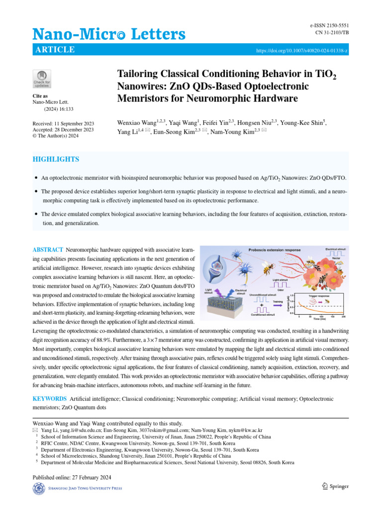 Tailoring Classical Conditioning Behavior in Tio Nanowires: Zno Qds ...
