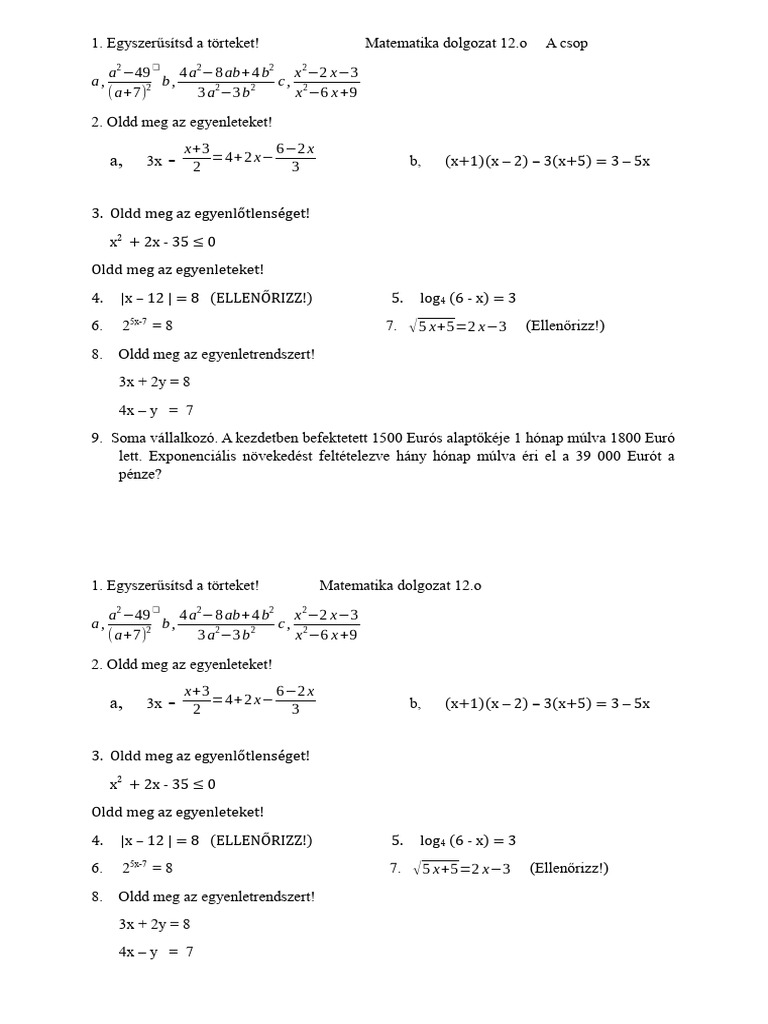 Egyenletek Dolgozat | PDF