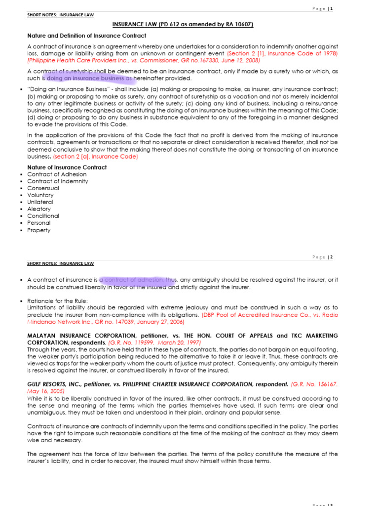 Short Notes Insurance Law | Download Free PDF | Insurance | Reinsurance