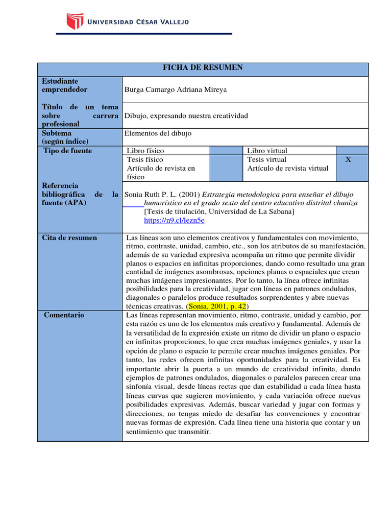 MODELO DE FICHA DE RESUMEN - Burga Camargo Adriana Mireya | PDF | Creatividad | Ritmo