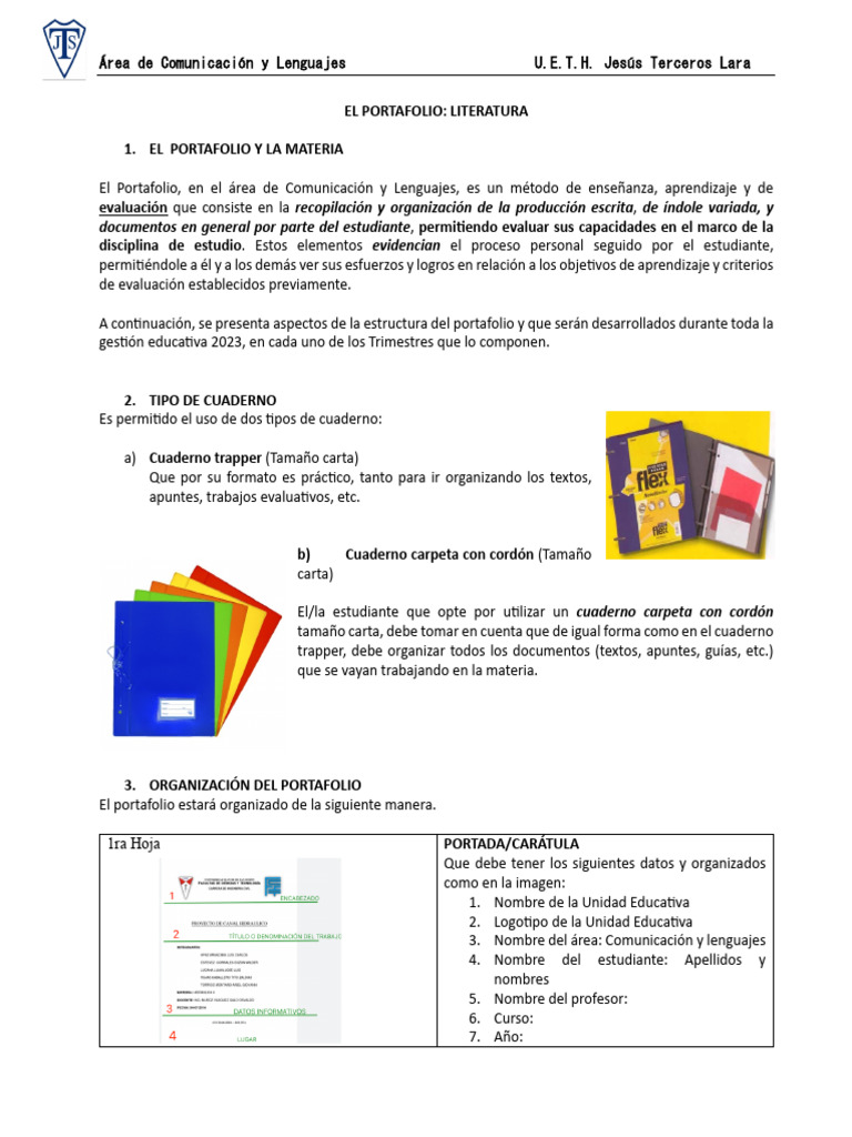 2 - Organizacion Del Portafolio - Literatura 2023 JTS | PDF | Evaluación