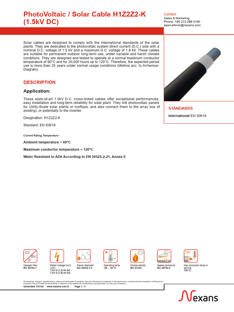 H1Z2Z2-K Solar Cable Specifications | PDF | Photovoltaic System ...