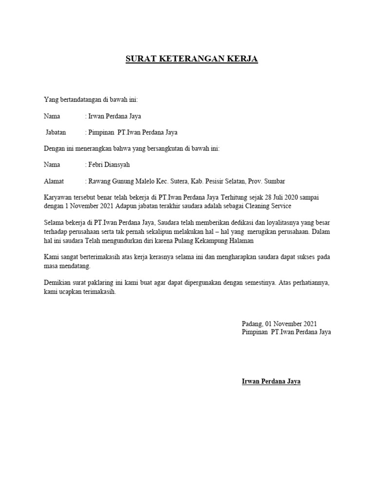 Surat Paklaring Karyawan Cleaning Service | PDF