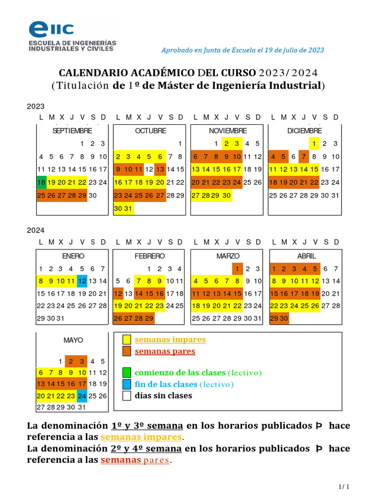 Calendario - Académico - EIIC - 1º MUII 2023 - 2024 | PDF