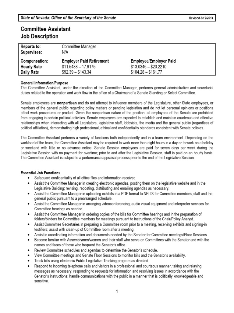 Committee Assistant 08142014 | PDF | United States Senate | Employment