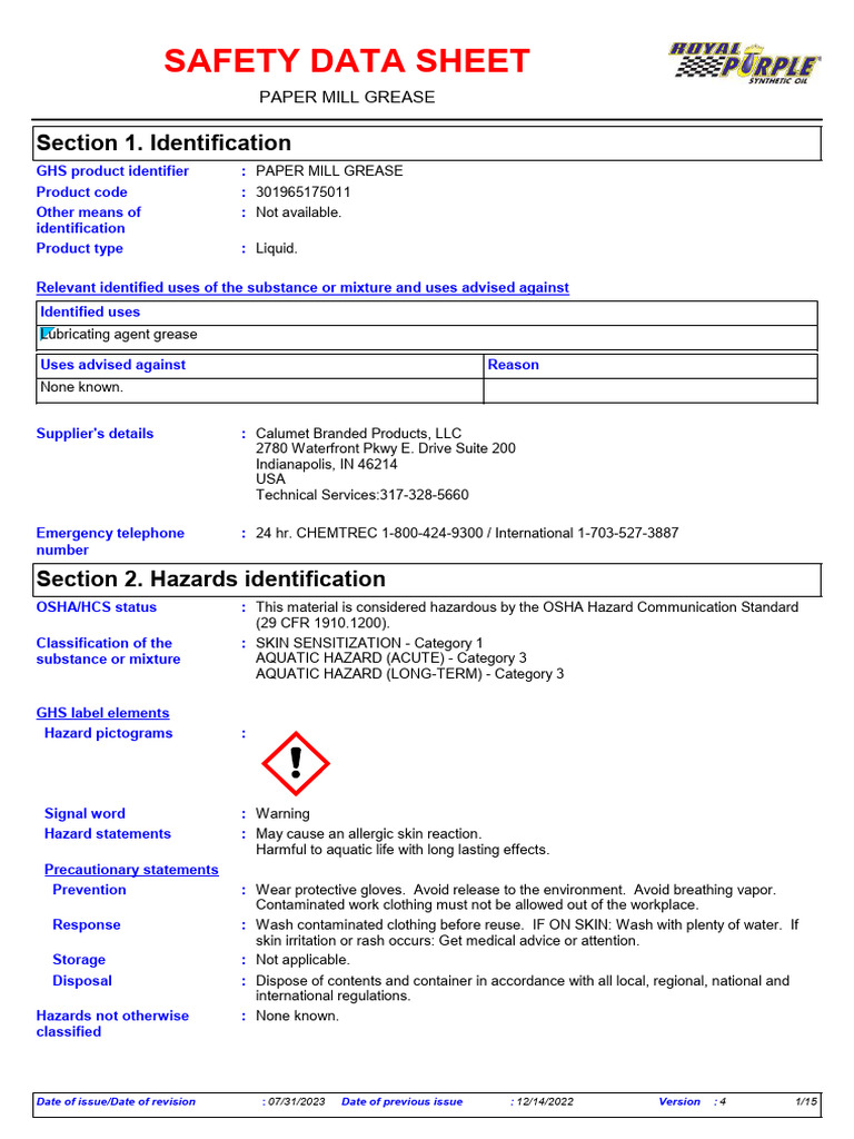 SDS - PAPER MILL GREASE, 301965175011 - English US SDS | PDF | Toxicity ...