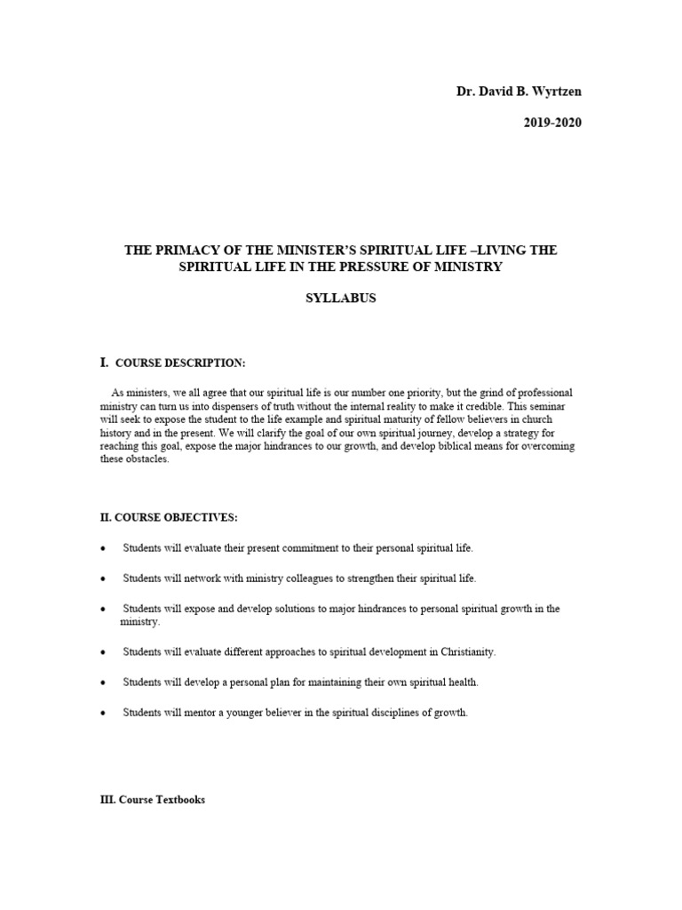 The Primacy of The Minister's Spiritual Life Syllabus - 2019-20 | PDF ...